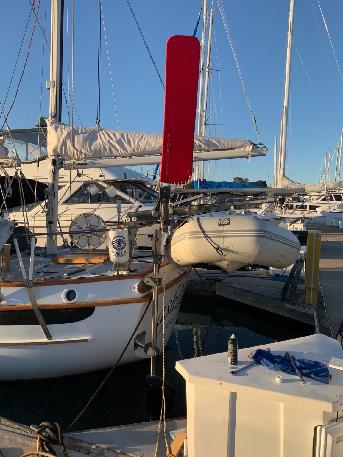 Cabo Rico 36 - Offset mount forward of dinghy on davits - Hydrovane
